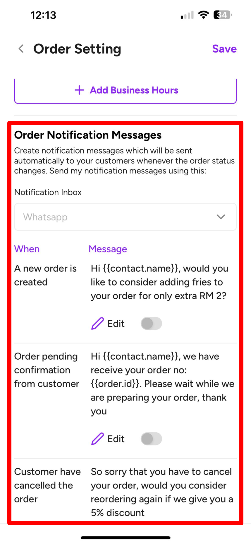 How to setup order notification message? – Peasy